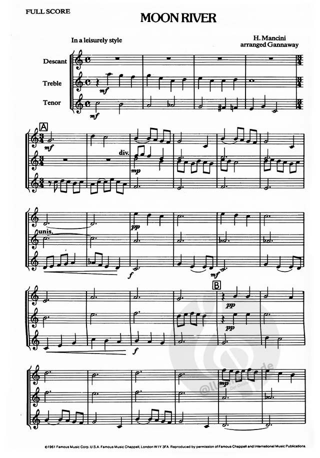 Moon River (Henry Mancini) » Sheet Music for Recorder