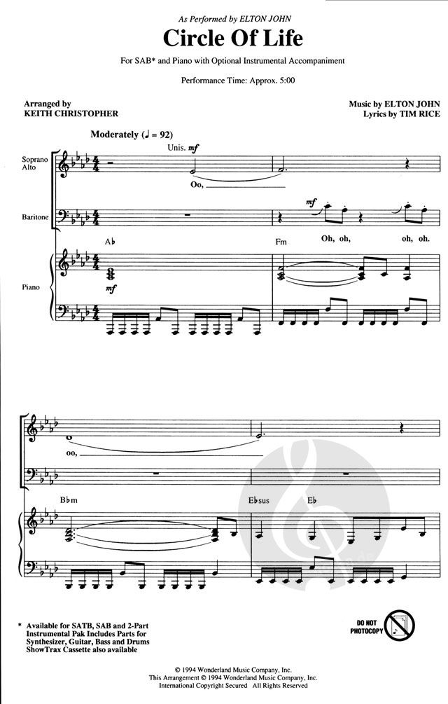 Circle Of Life (Elton John) » Sheet Music for Mixed Choir - 08745848