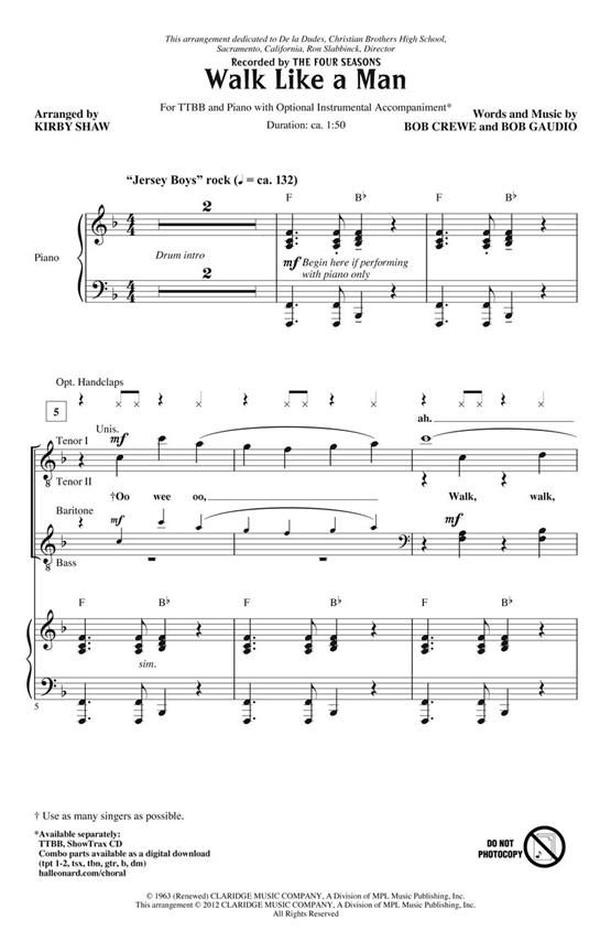 Walk Like A Man (The Four Seasons) » Sheet Music for Men's Choir