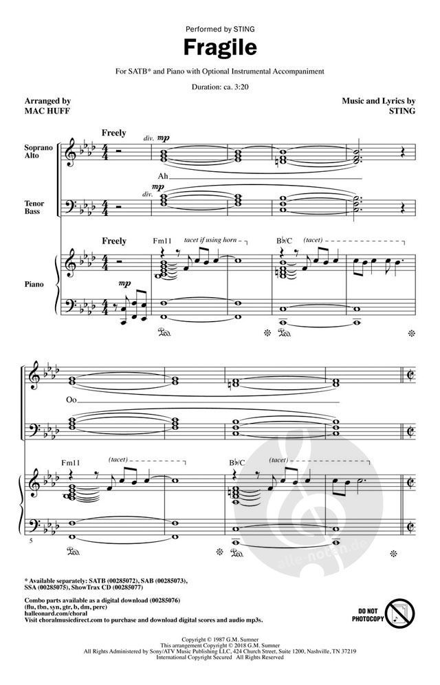 Fragile by Sting » Mixed Choir Sheet Music , Shop now!